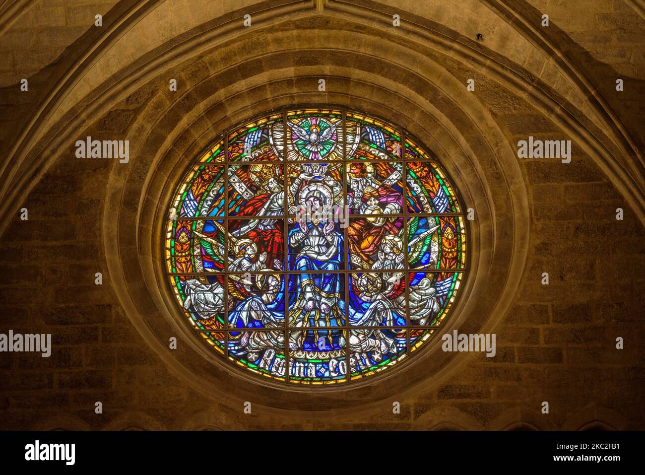 Rose window inside the basilica of Sant Feliu in Girona (Catalonia ...