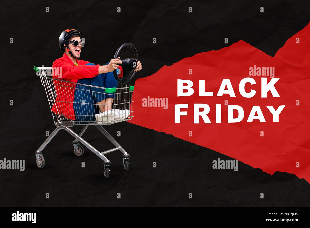 Creative collage picture of excited guy sit market trolley hold wheel ...