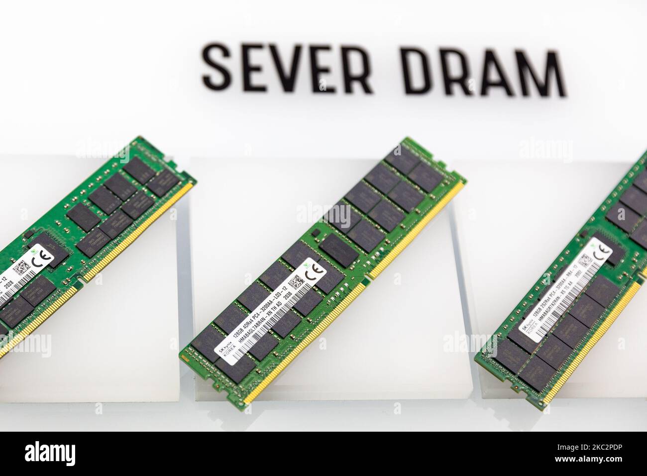 A SK hynix's 128GB DRAM is on display during the SEDEX(Semiconductor ...