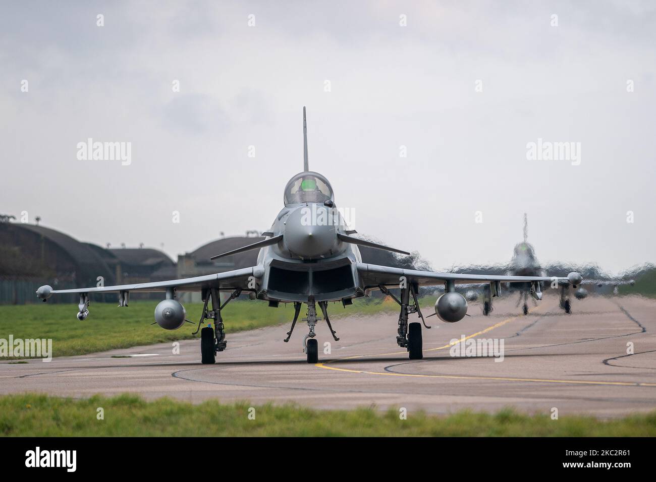 RAF Eurofighter Typhoons taxiing to the runway RAF Coningsby. Tuesday ...