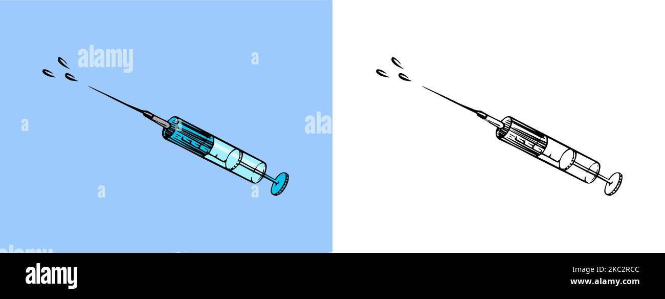 Medical syringe. Prick tool. Engraved hand drawn old vintage sketch ...