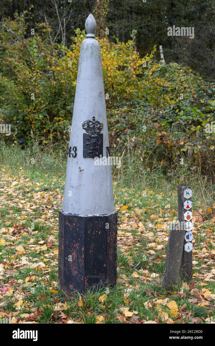 Border sign concrete column of the Netherlands with Dutch symbol and ...