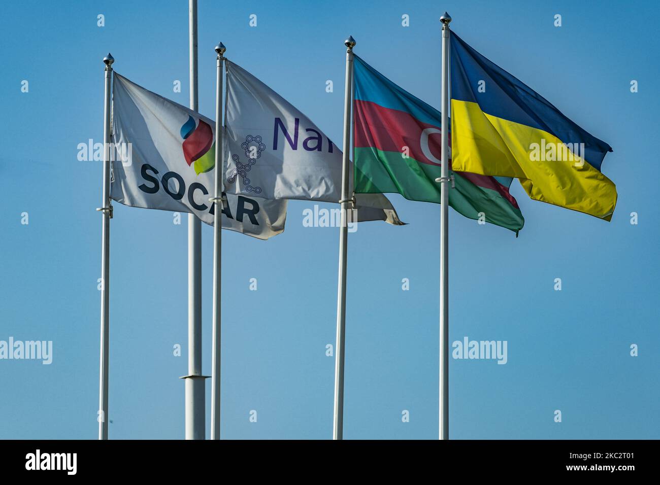 Flags of Azerbaijan and Ukraine in a Socar gas station in Uman, Ukraine ...