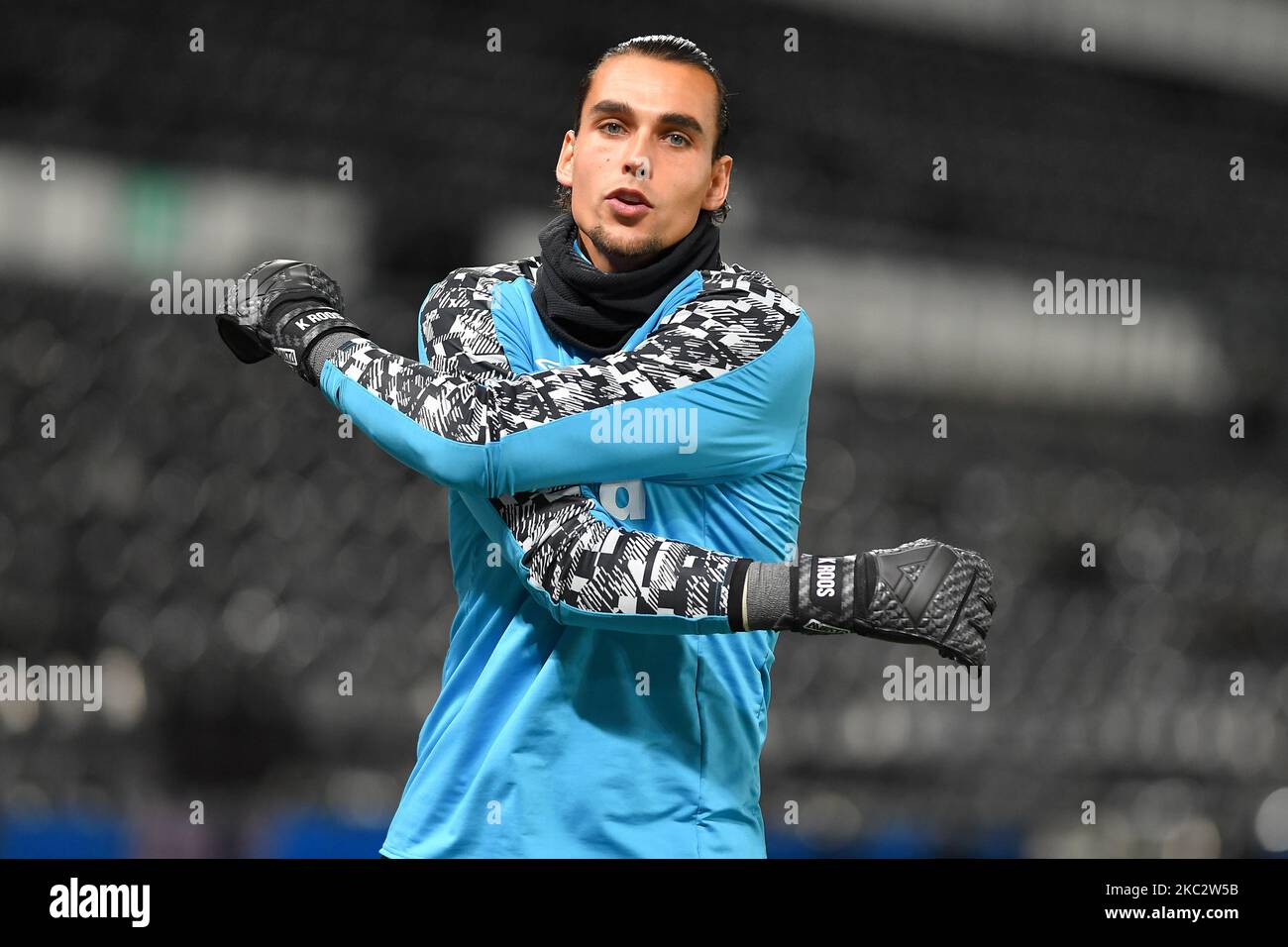Kelle Roos of Derby County warms up ahead of kick-off during the Sky ...
