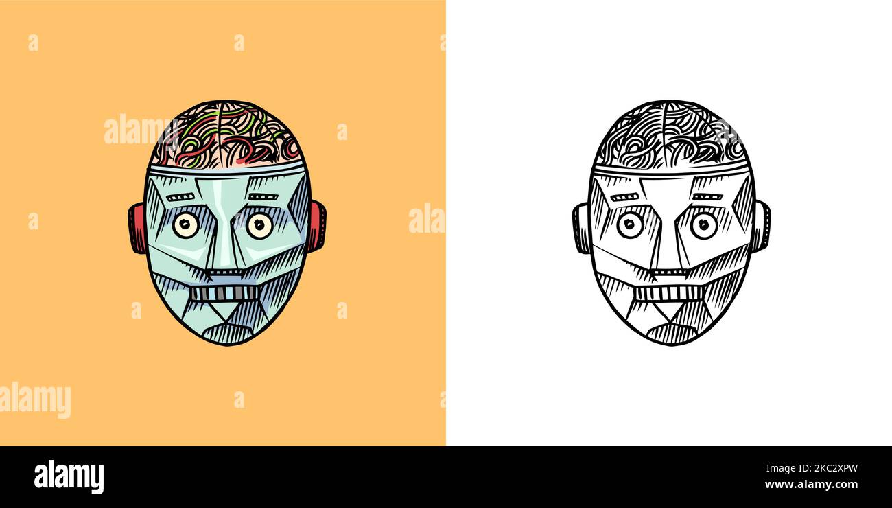 Cyborg robot. Vintage metal head sketch. Artificial intelligence ...