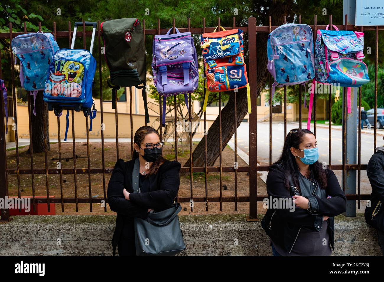 Backpacks hanging in front of the Poli Middle School in Molfetta, for ...
