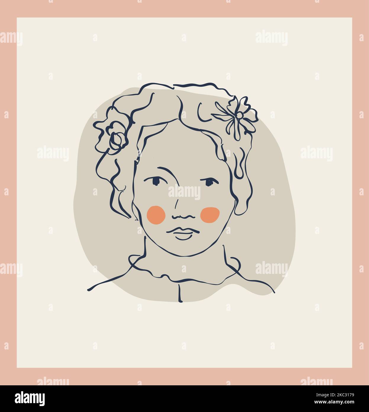 Female portrait with flower vector single clipart. Framed drawing of ...