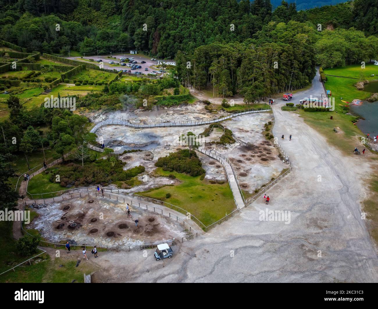 Furnas, Portugal - July 7, 2021: Aerial drone view of volcanic ovens to ...