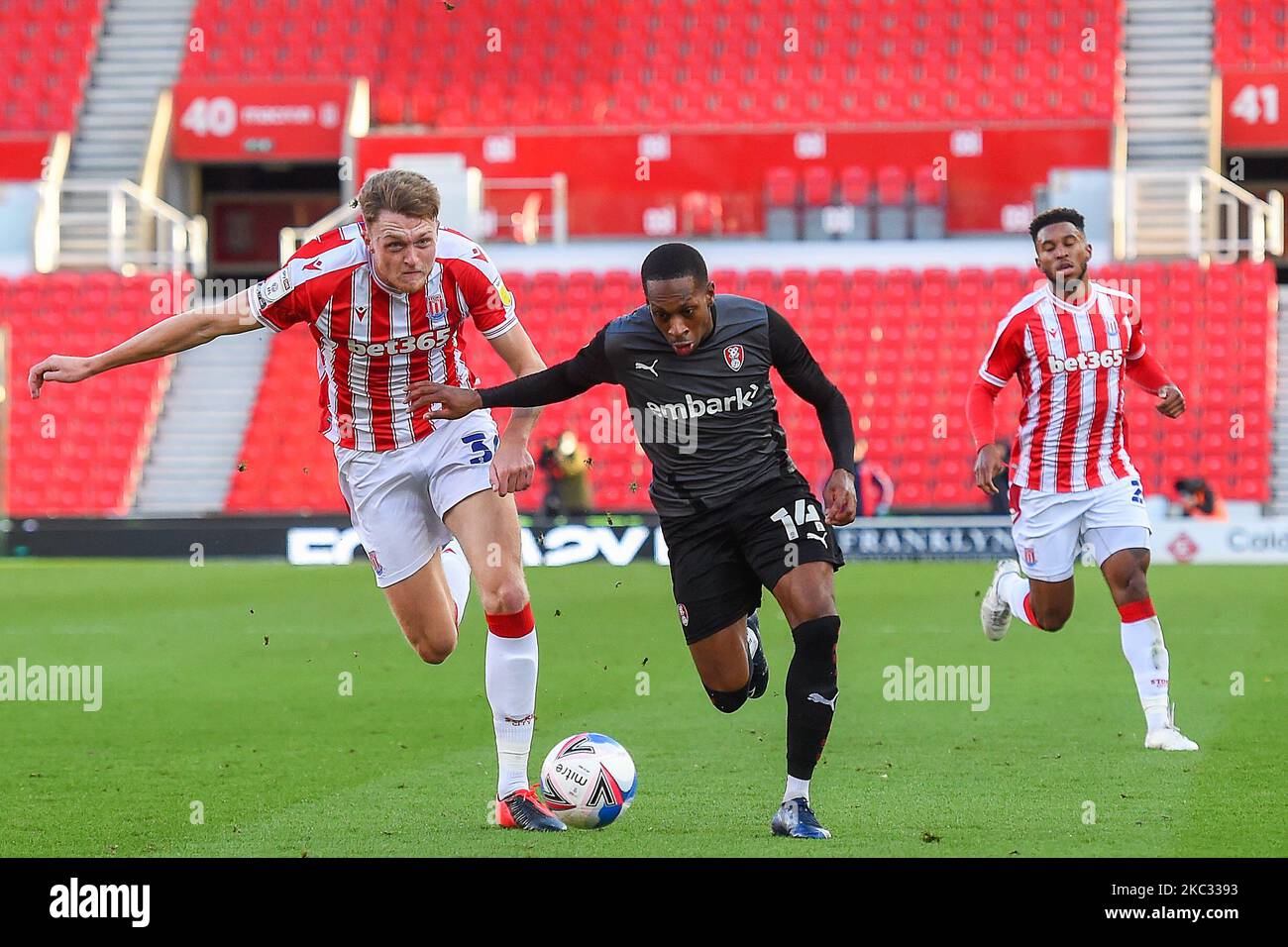 Mickel Miller of Rotherham United holds off Morgan Fox of Stoke City ...