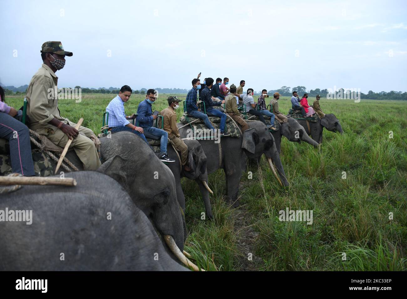 Tourists ride on elephants after the safari restarted following being ...