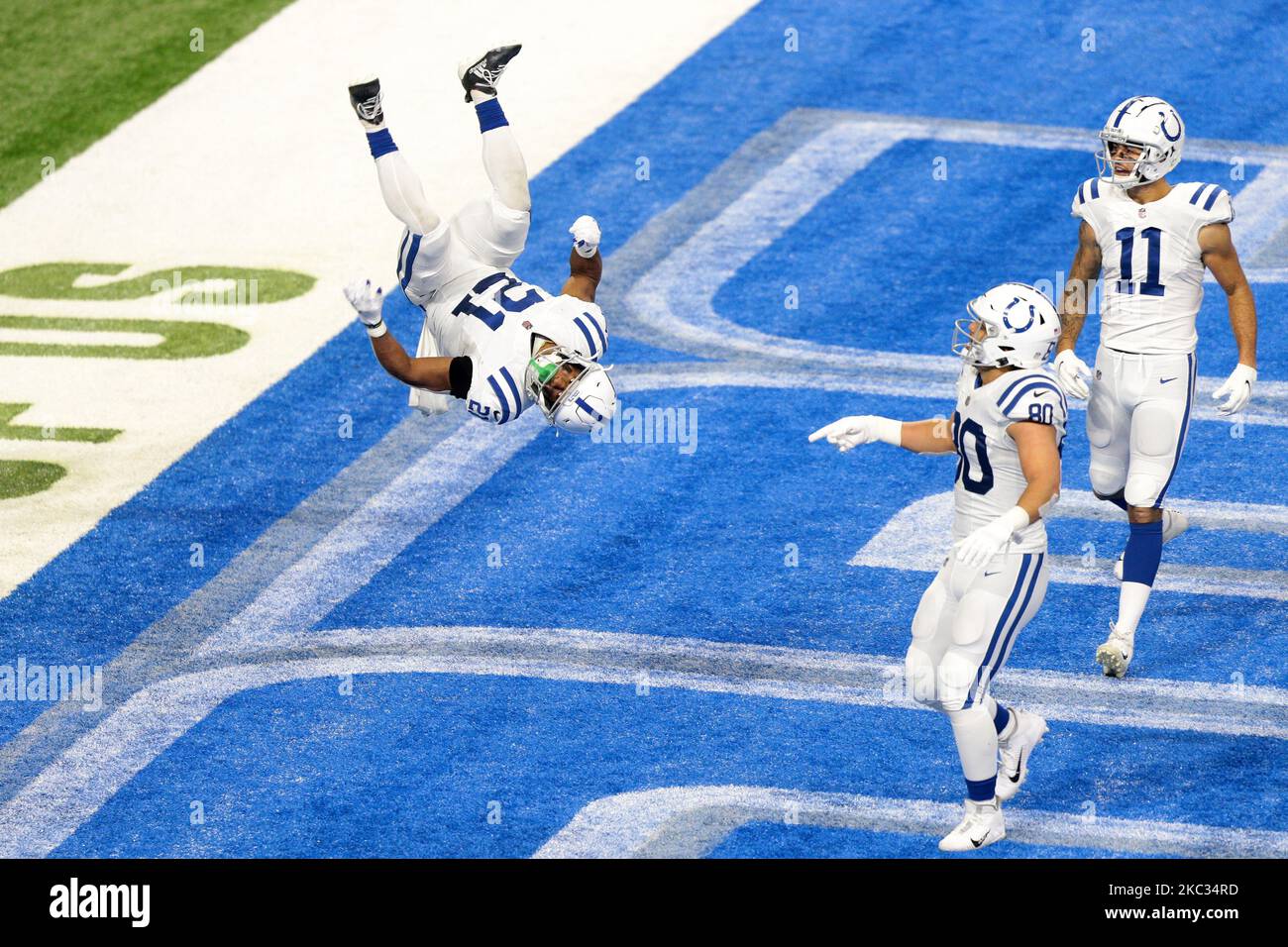 Indianapolis Colts running back Nyheim Hines (21) celebrates his second ...