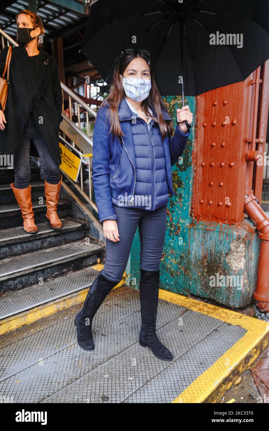 US Congresswoman Alexandra Ocasio-Cortez is seen giving out word about ...