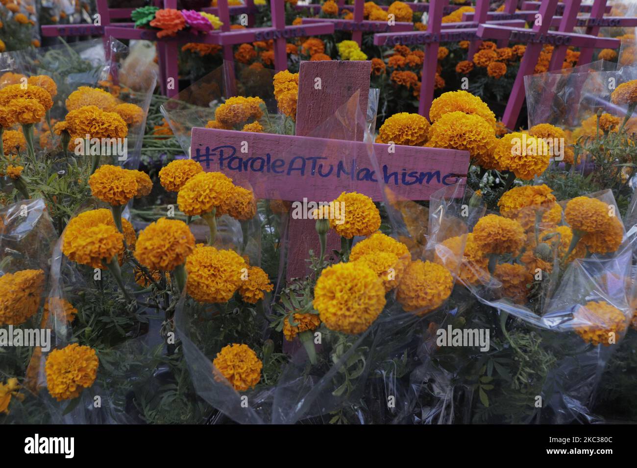 A cross among cempasúchil flowers with the phrase stop your machismo in ...