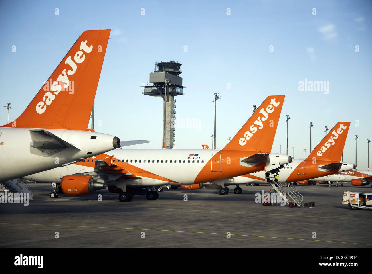 Easyjet airplanes are seen by the control tower of newly opened BER ...