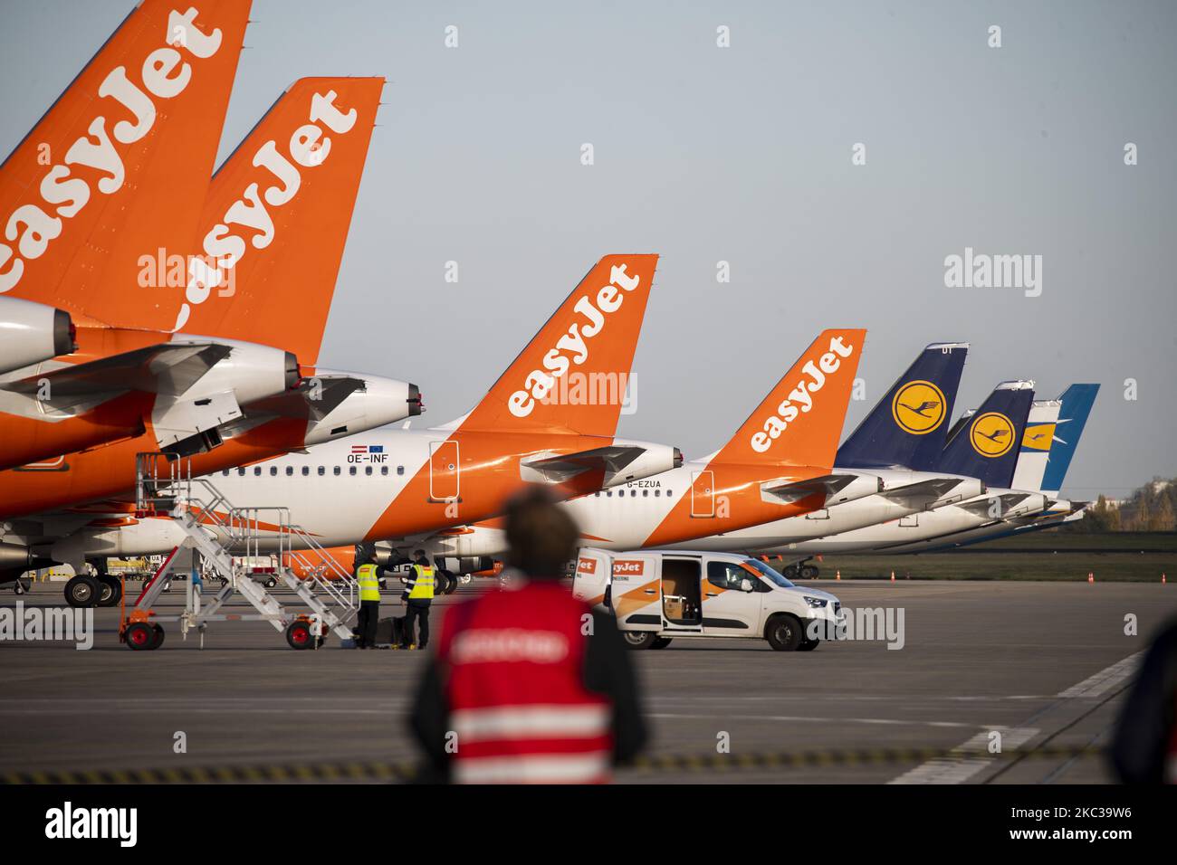 Airplanes of Lufthansa and Easyjet are seen by the control tower of ...