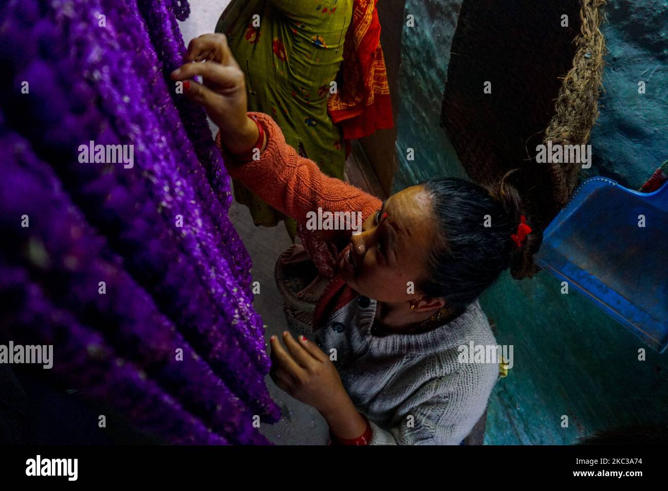 A woman arranges garlands of globe amaranth flowers ahead of the ...
