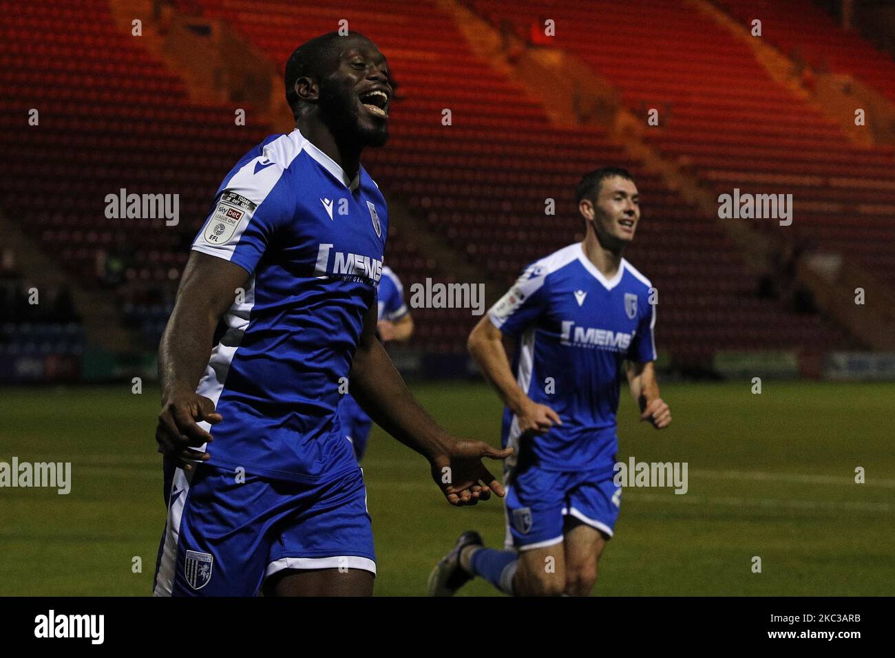 Gillinghams John Akinde celebrates making it 1-0 during the Sky Bet ...
