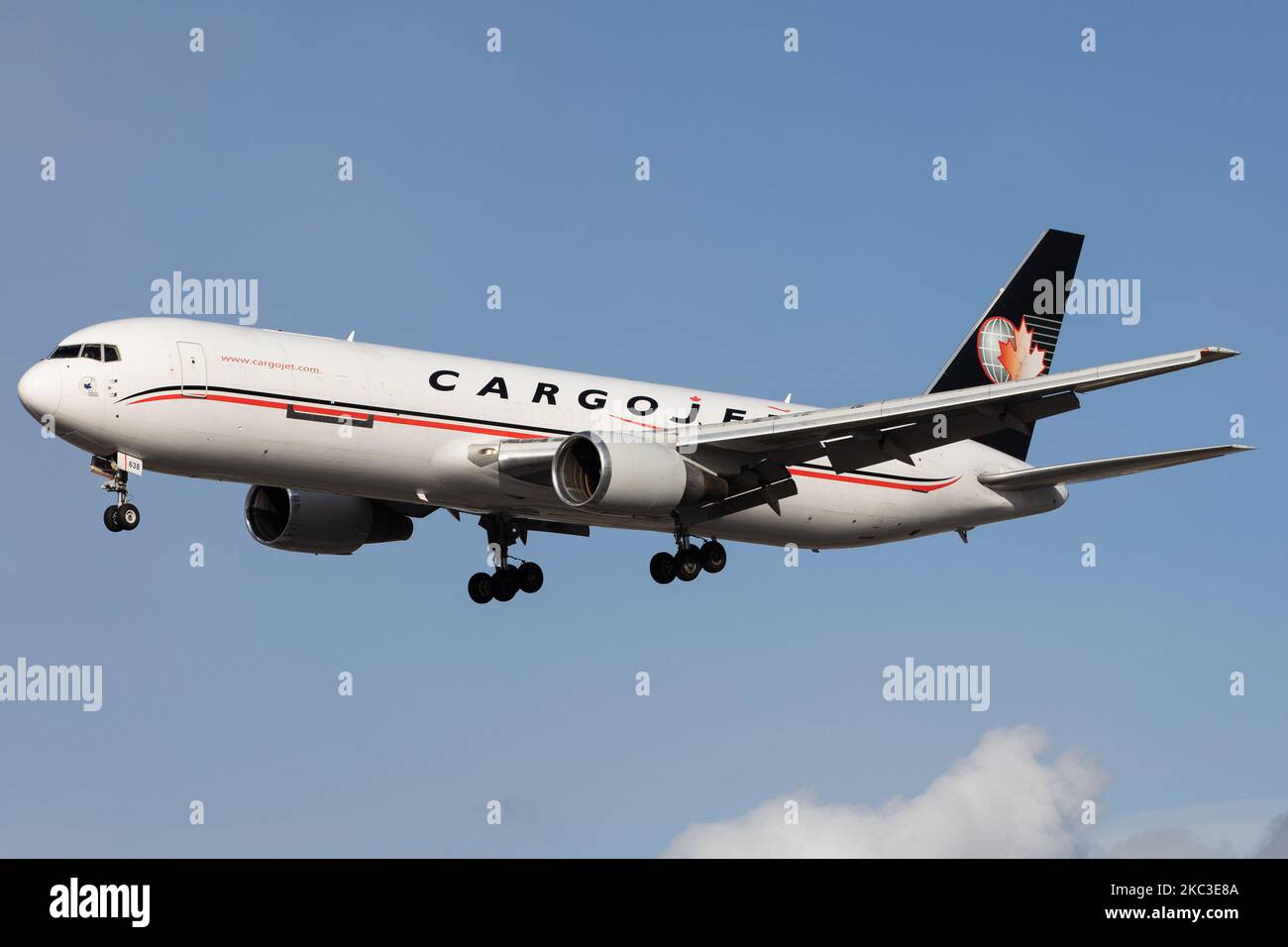 A Cargojet Boeing 767-300 lands at London Heathrow Airport on 28th ...