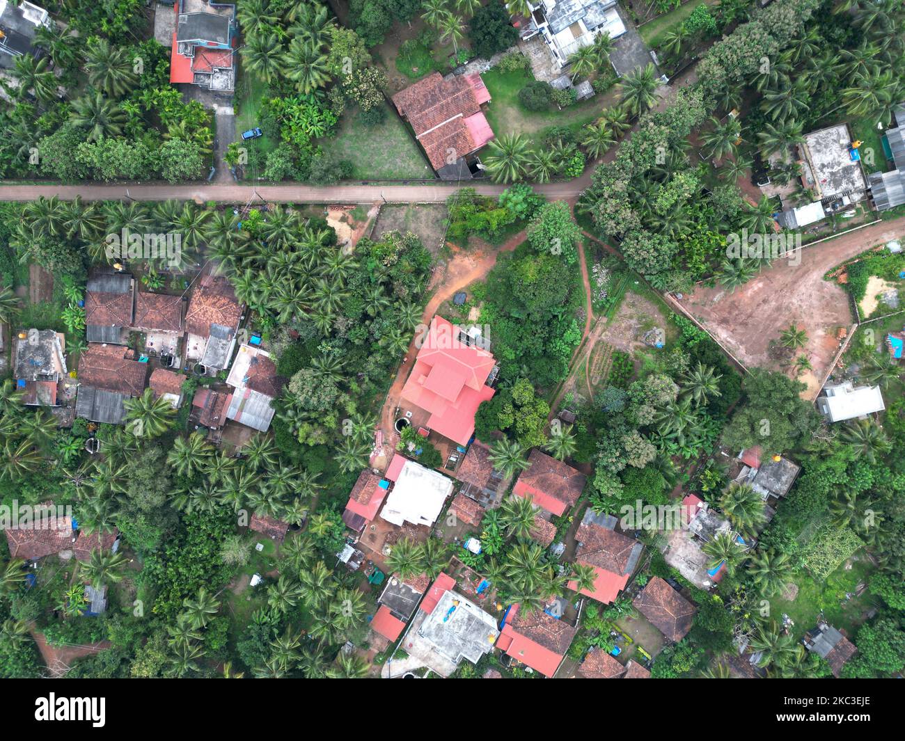 An aerial view of houses surrounded by greenery in Mangalore, Karnataka ...