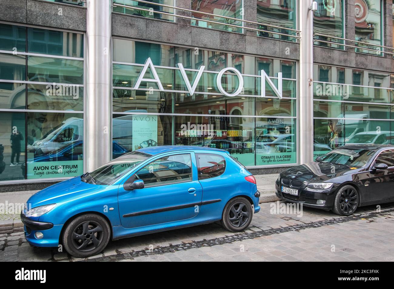 The Avon Products, Inc. logo displayed on a building is seen in Wroclaw ...