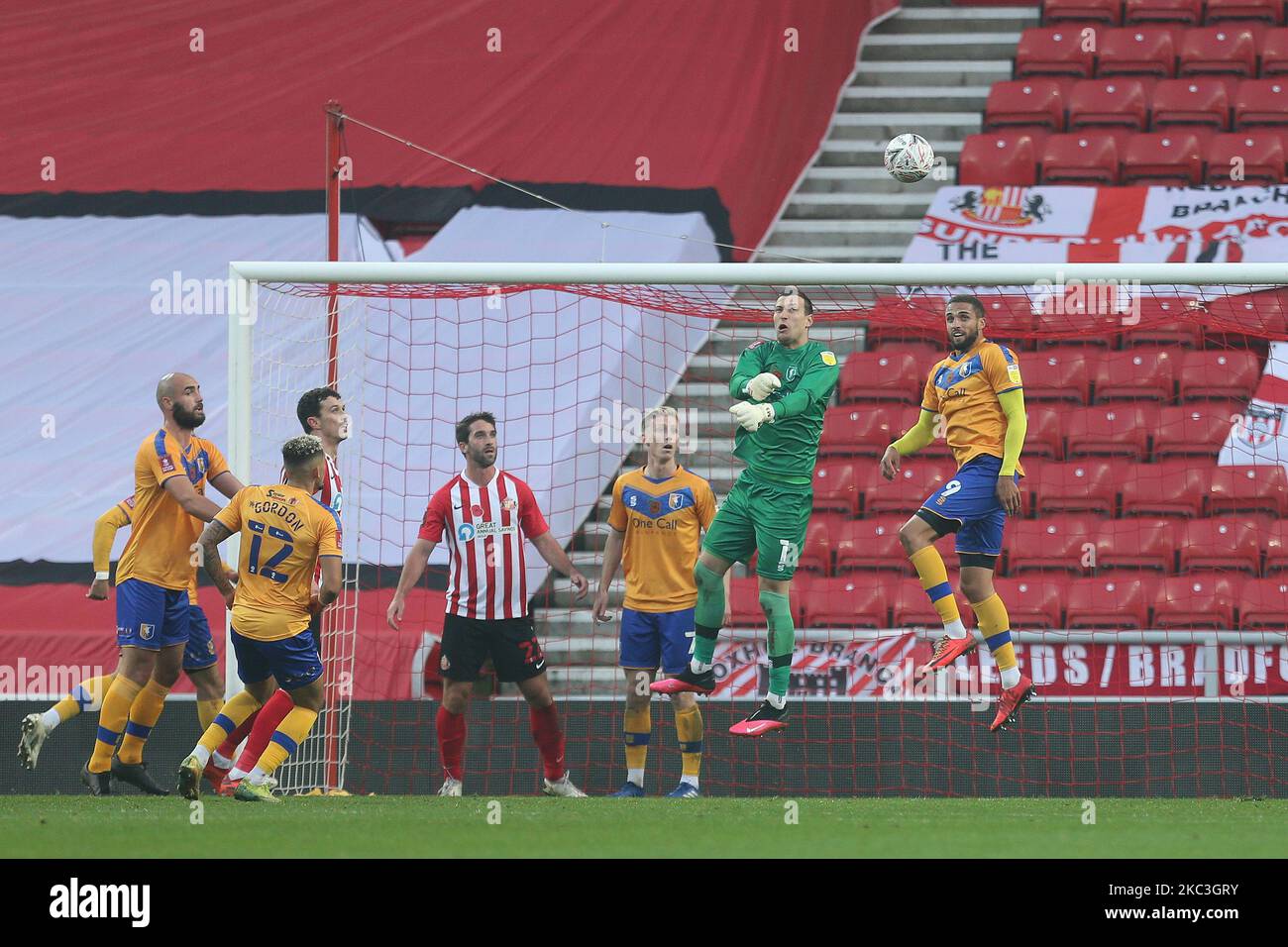 Marek Stech of Mansfield Town punches an attack clear during the FA Cup ...