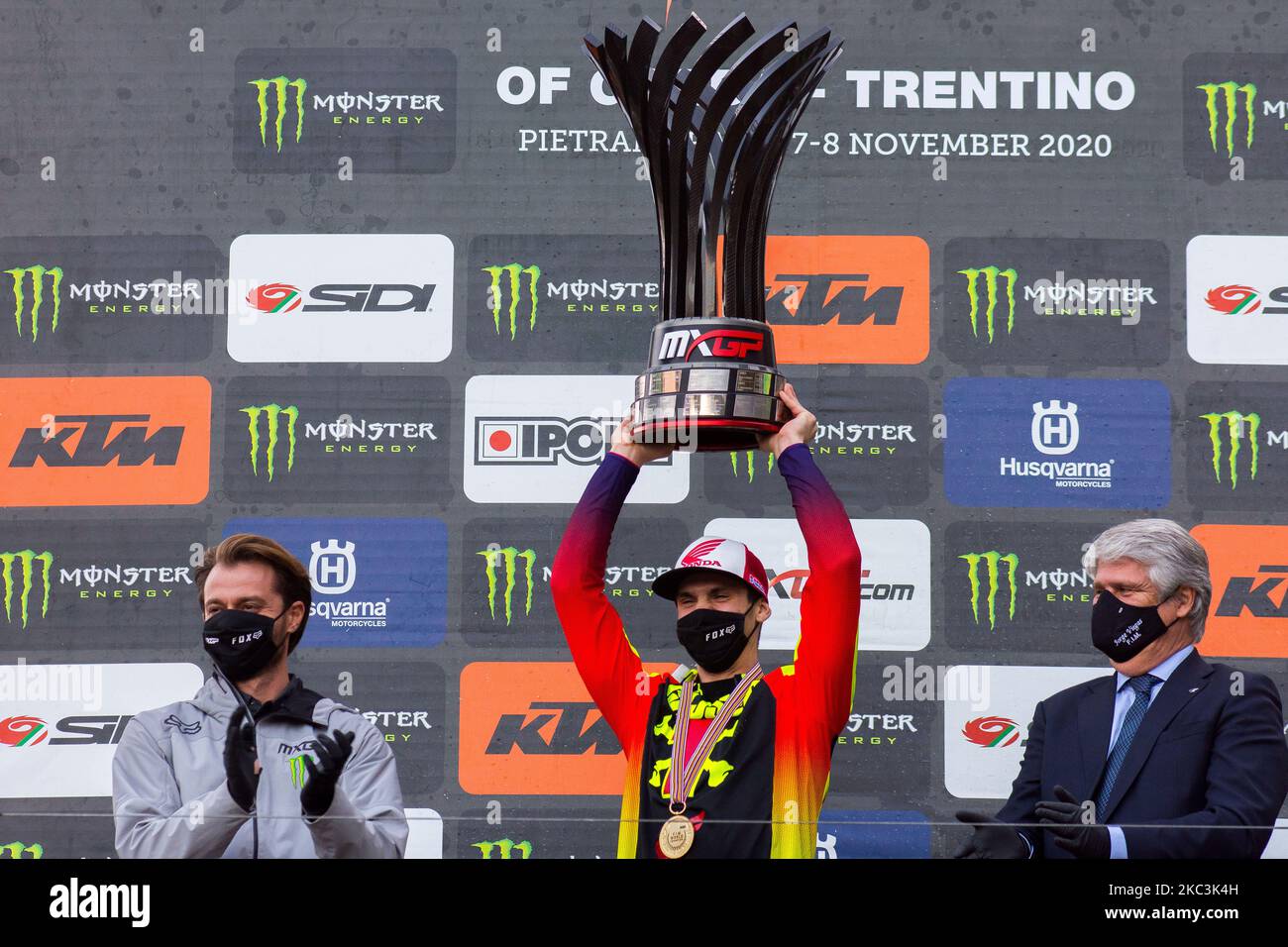 Slovenian professional motocross racer Tim Gajser receive on podium the ...