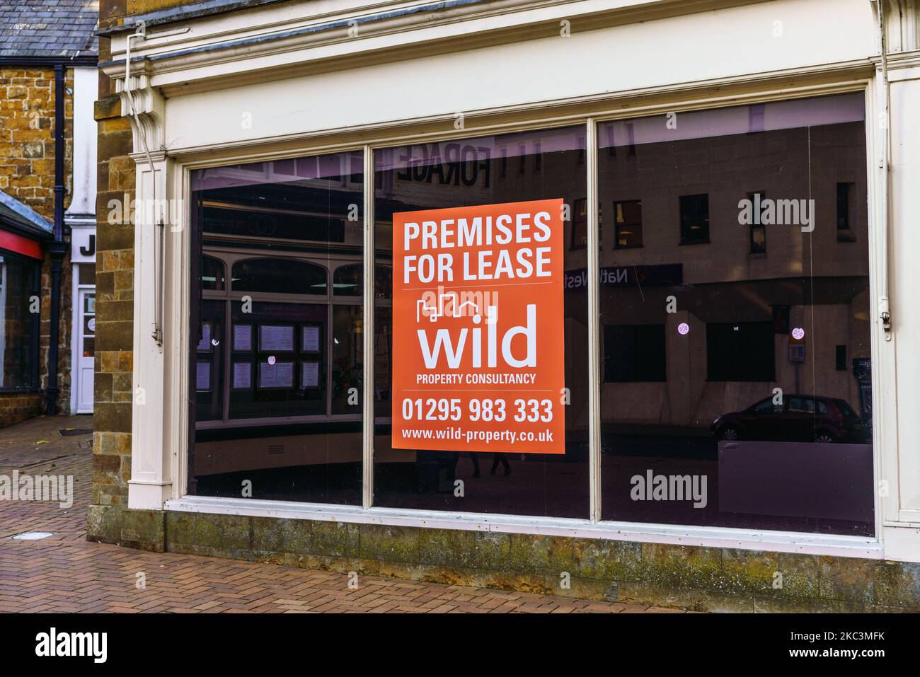 'Premises for Lease' signage in an empty town centre store, Banbury ...