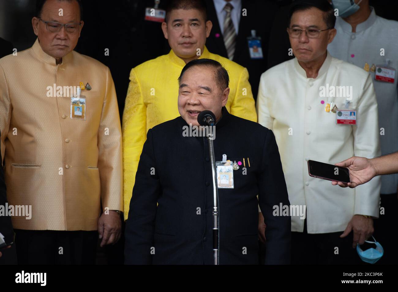 Thailand's Deputy Prime MinisterÂ Prawit Wongsuwan speaks to media before attend a cabinet ...