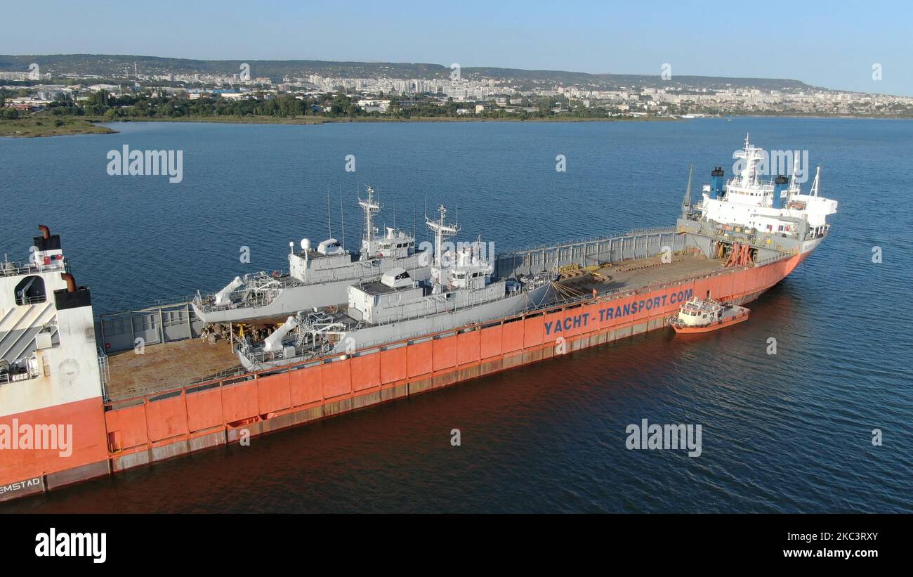 Aerial view of transport operation of two minesweepers ship to Bulgaria ...