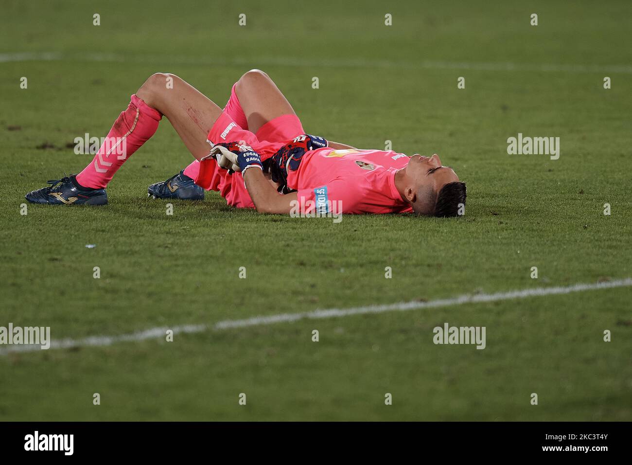 Edgar Badia of Elche lies injured on the pitch during the La Liga ...