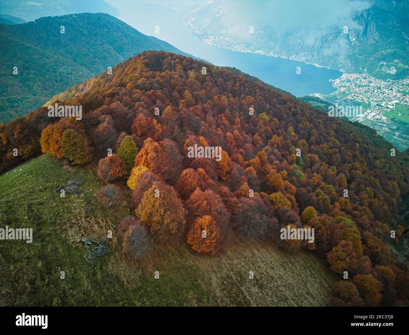 An aerial of Monte Galbiga mountain of Lombardy covered in autumn ...