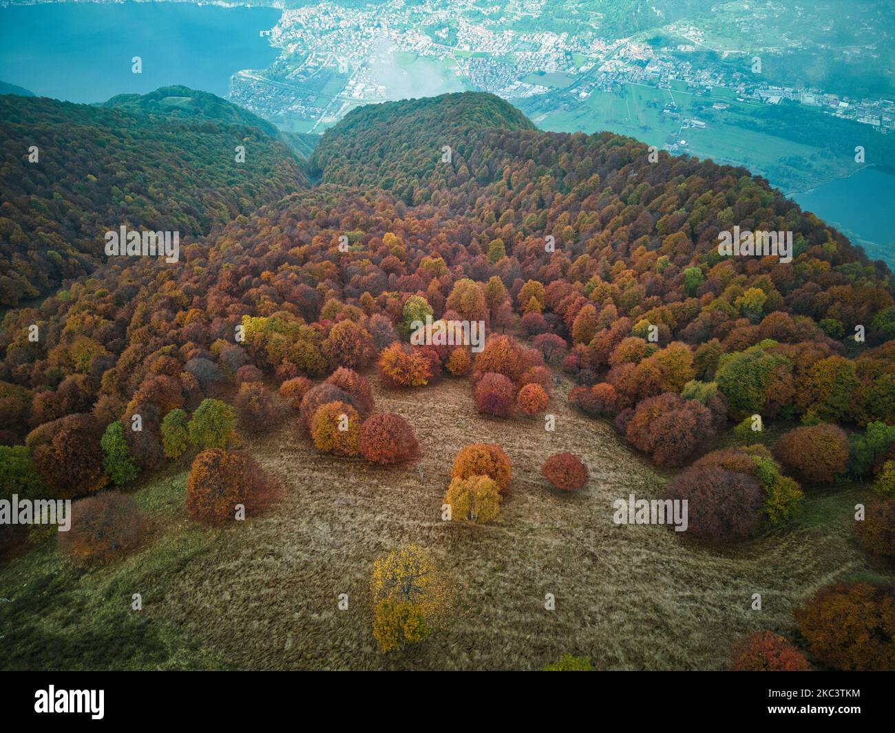 An aerial of Monte Galbiga mountain of Lombardy covered in autumn ...