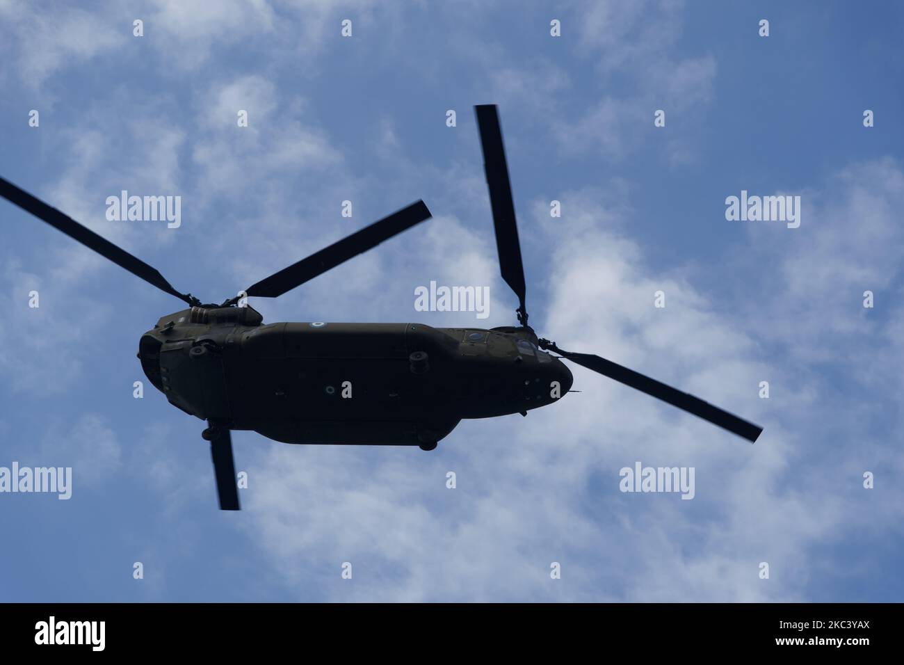 Boeing CH-47 Chinook during an air show. Greek Air Force twin-engine ...