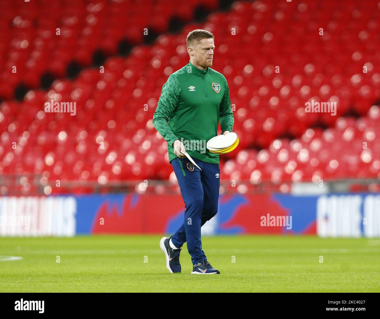 Assistant manager Damien Duff during the pre-match warm-up during ...