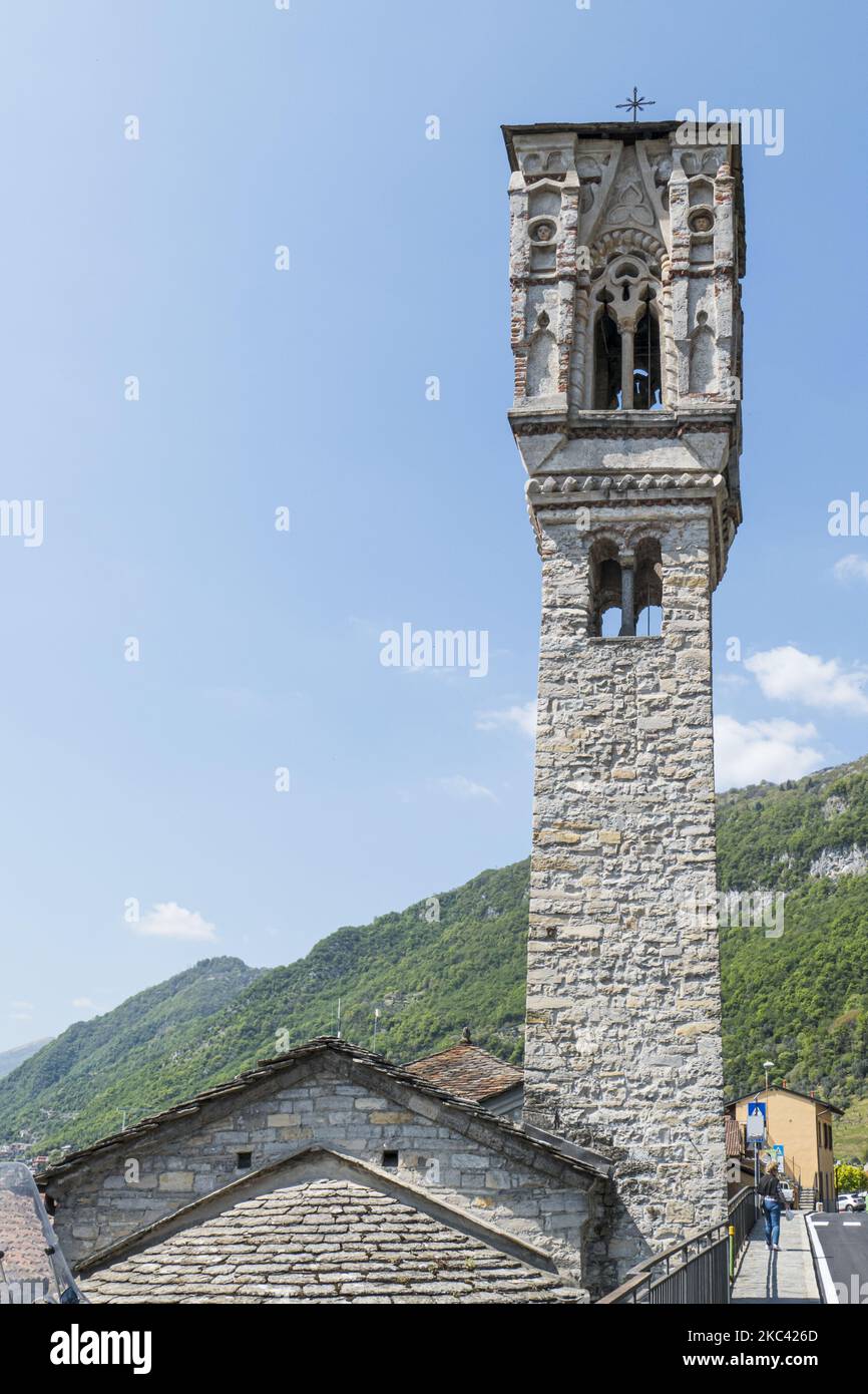 Beautiful stone bell tower in Comacina in the Lake Como Stock Photo - Alamy