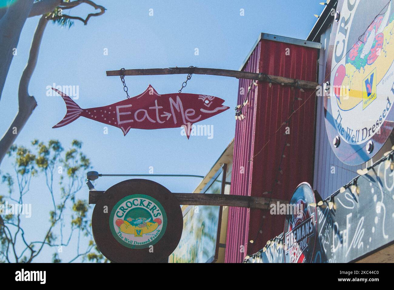 A fish-shaped sign for the restaurant in the downtown Newport Beach ...