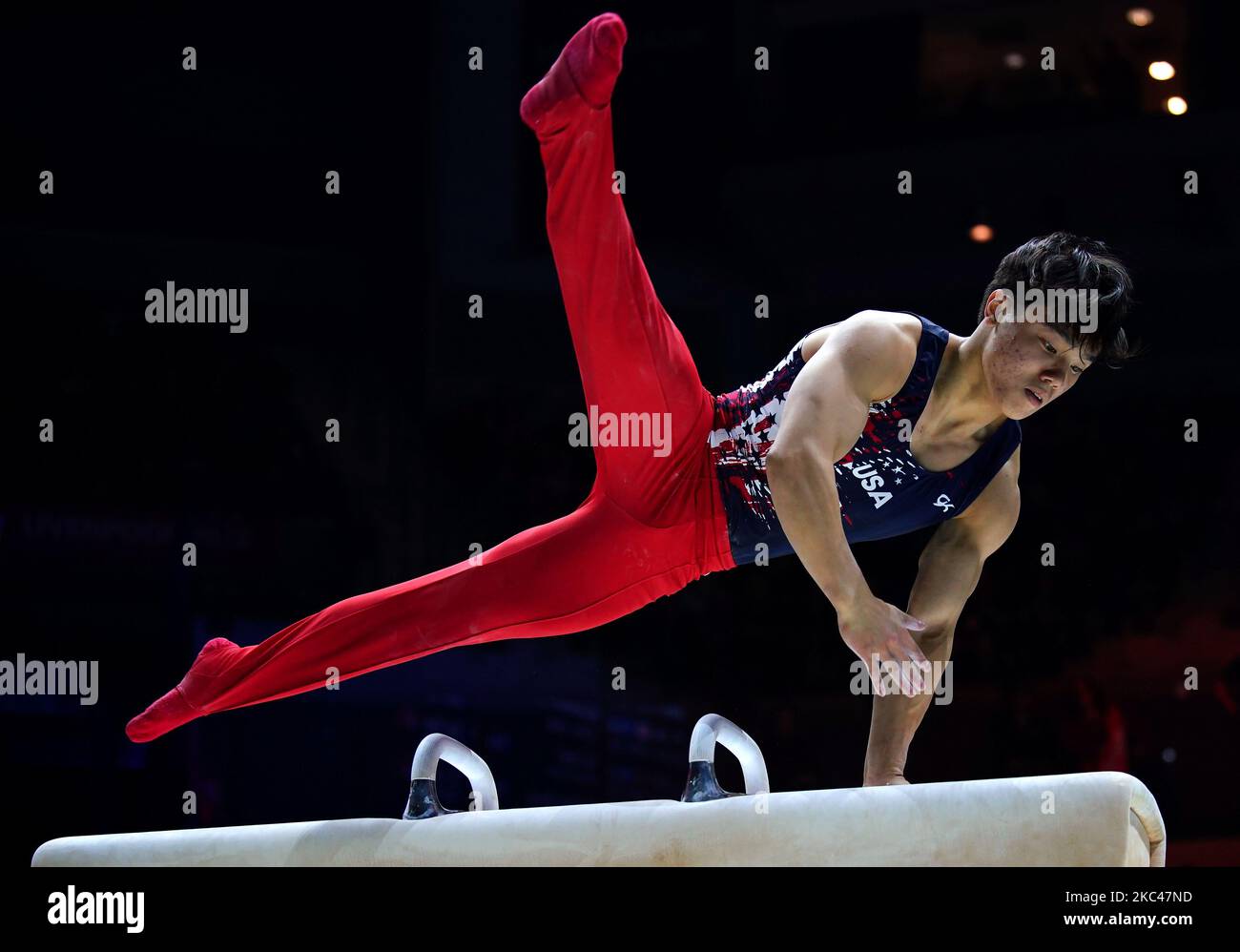 USA's Asher Hong competing in the Men's Pommel event during day seven ...