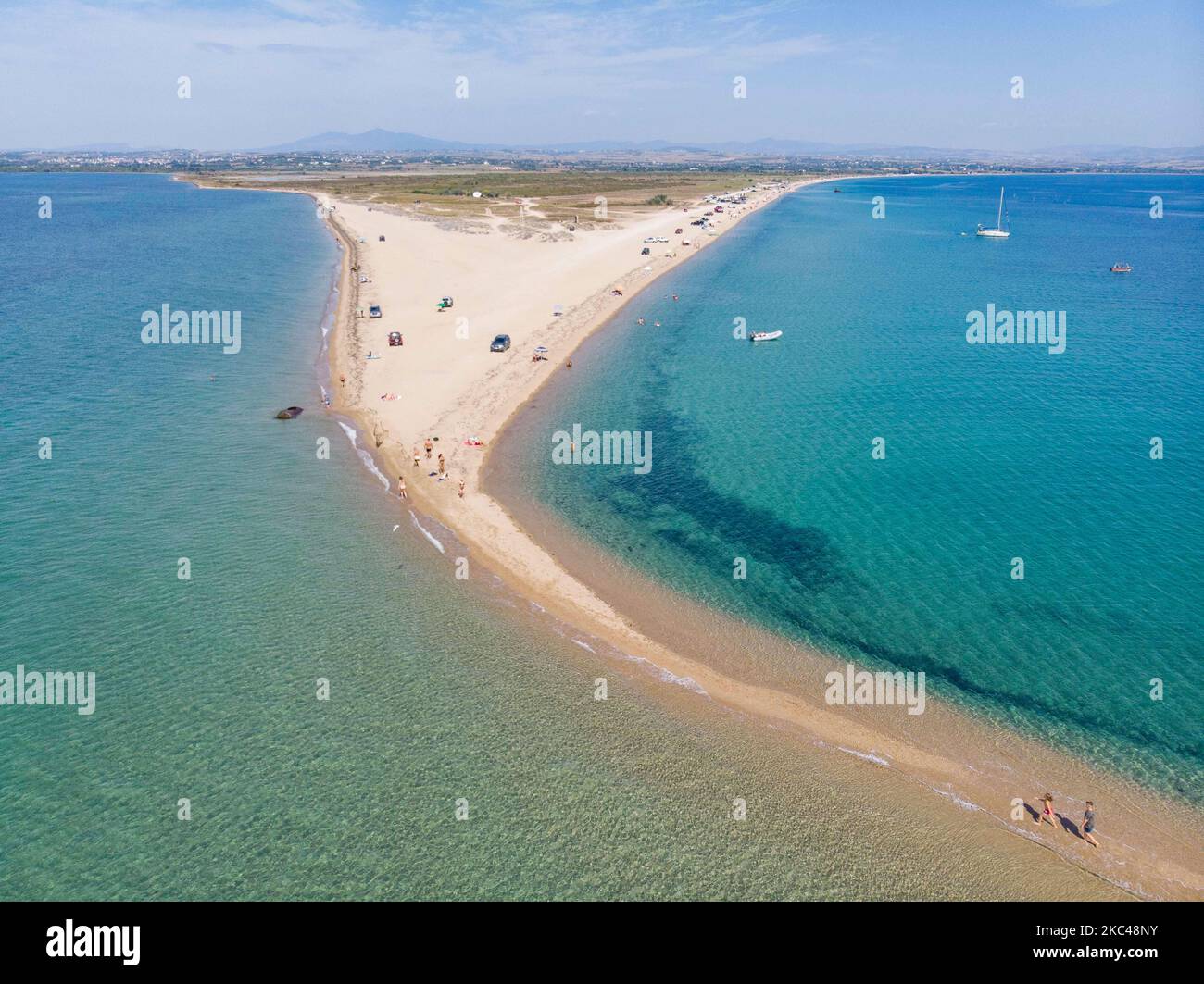 Aerial view of the exotic Potamos - Epanomi Beach sandbank near ...