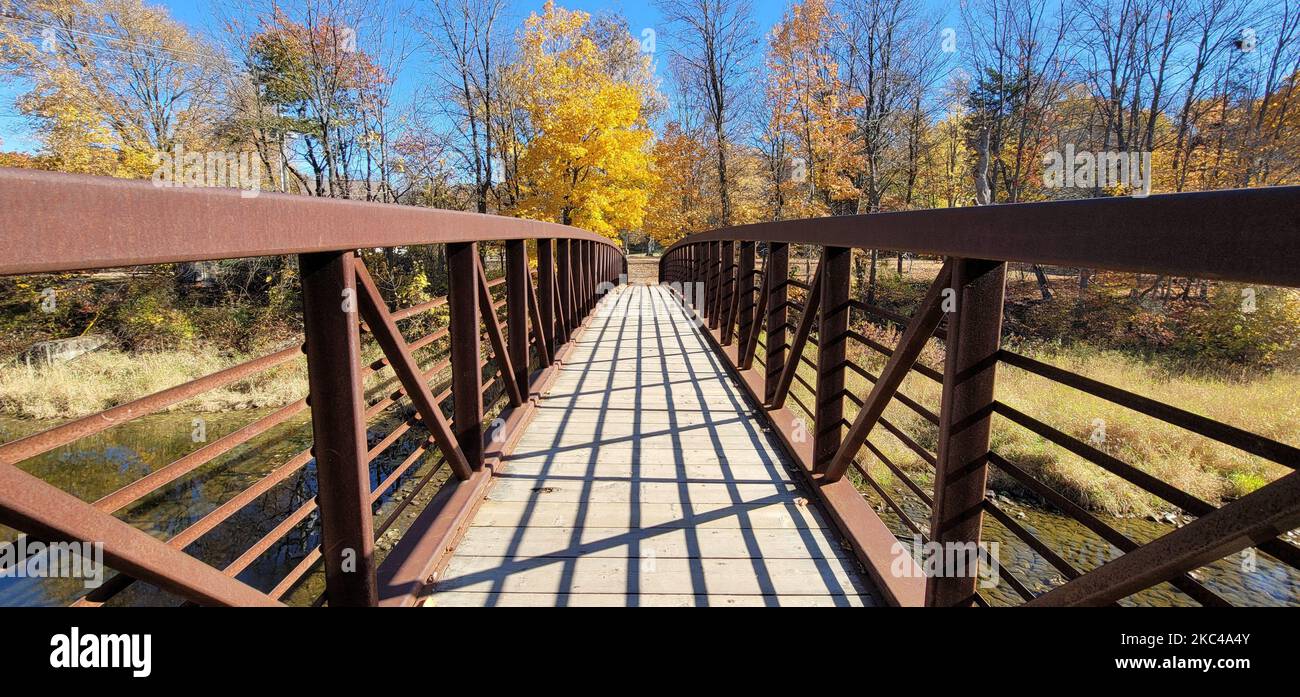 A bridge in autumn park with yellow, golden leaves in Vineland, Ontario ...