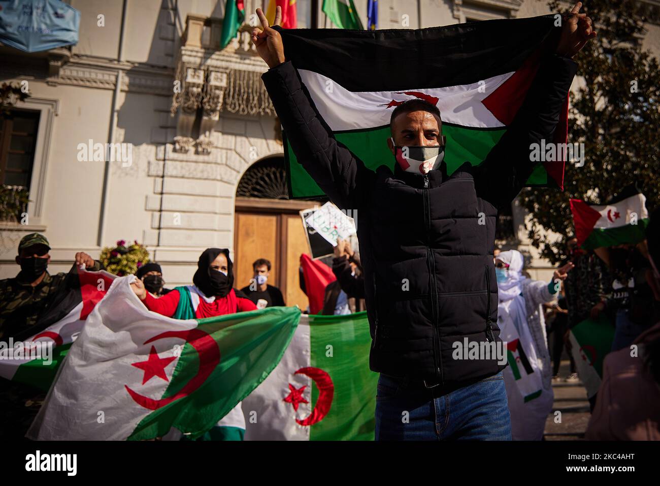 A man carrying a Saharan flag during a demonstration to demand the end ...