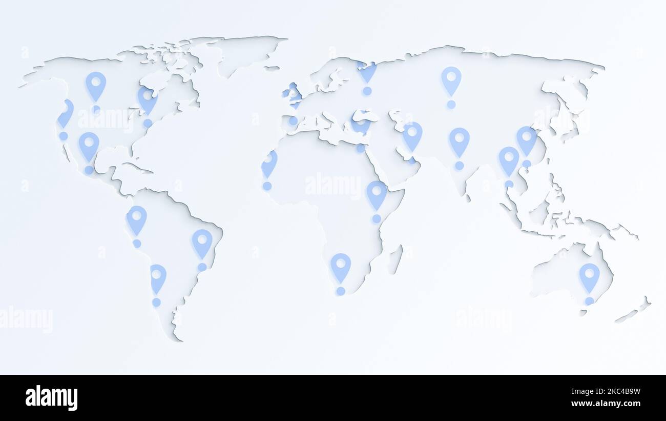 Light gray world map with blue map pin icons on almost white background. Paper cut out effect ...