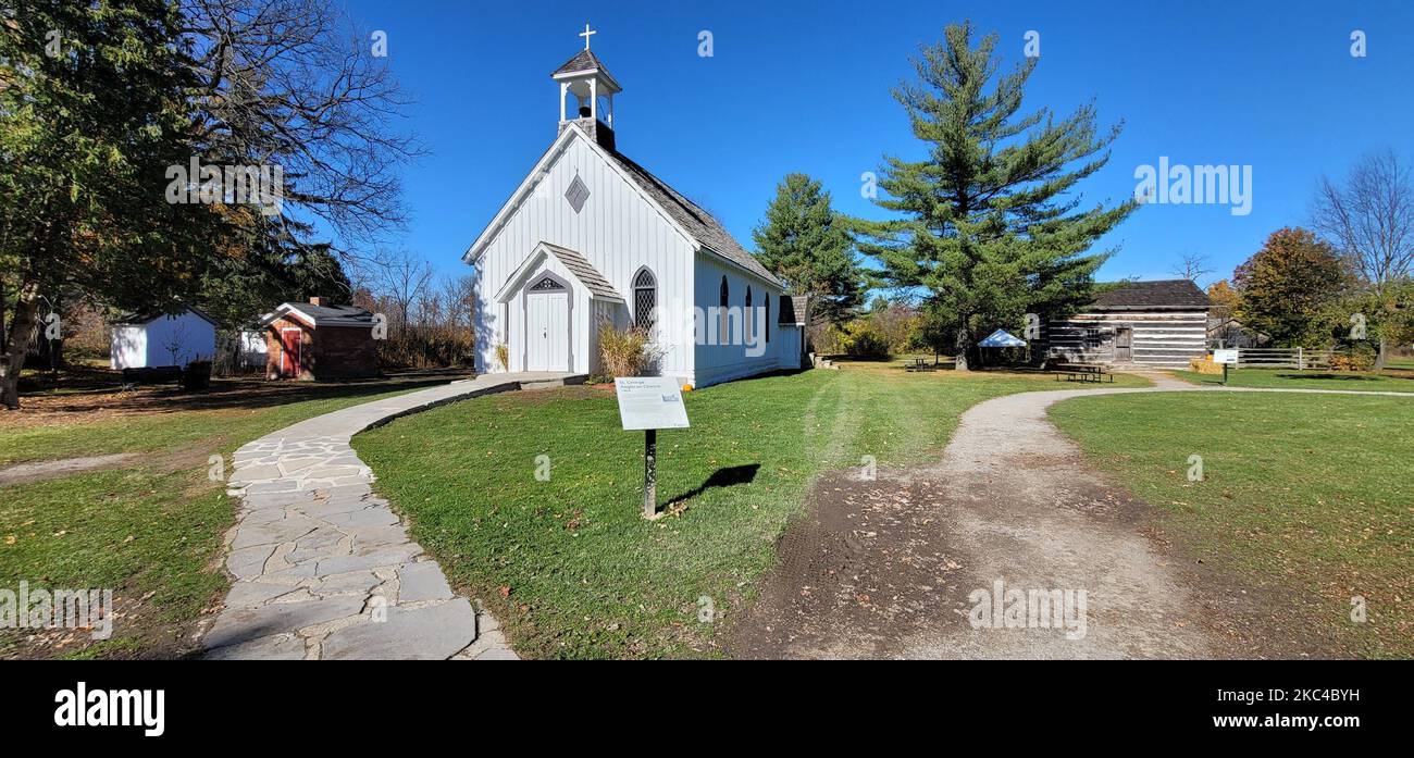 The white building of St. George's Anglican Church in Ball's Falls, ON ...