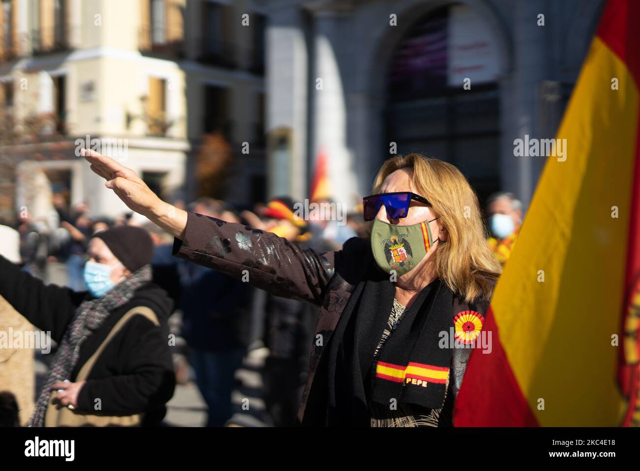 Franco supporters, raise their arms, making the fascist salute, when ...