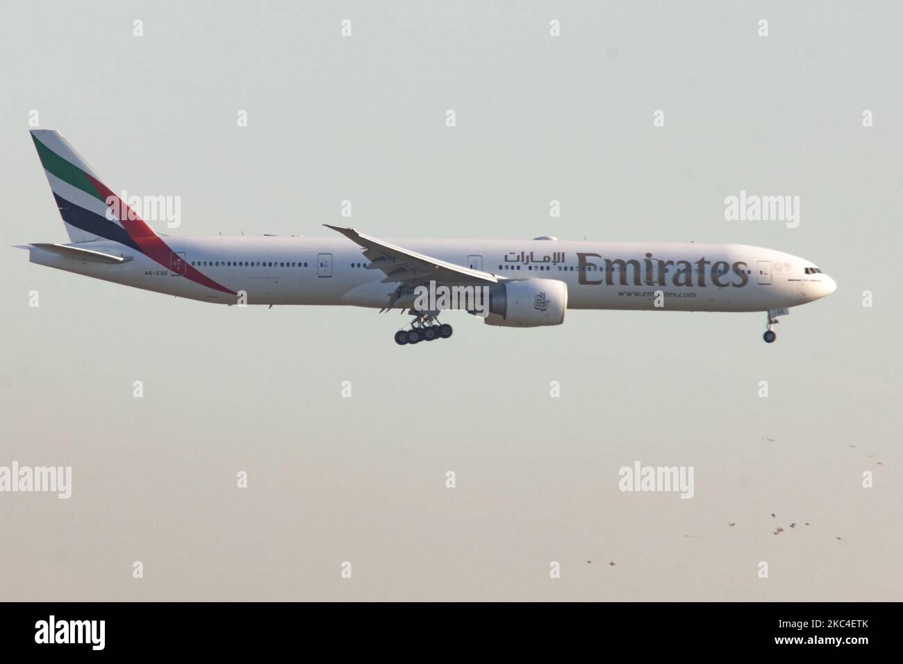 Emirates Boeing 777 aircraft as seen flying, on final approach for ...