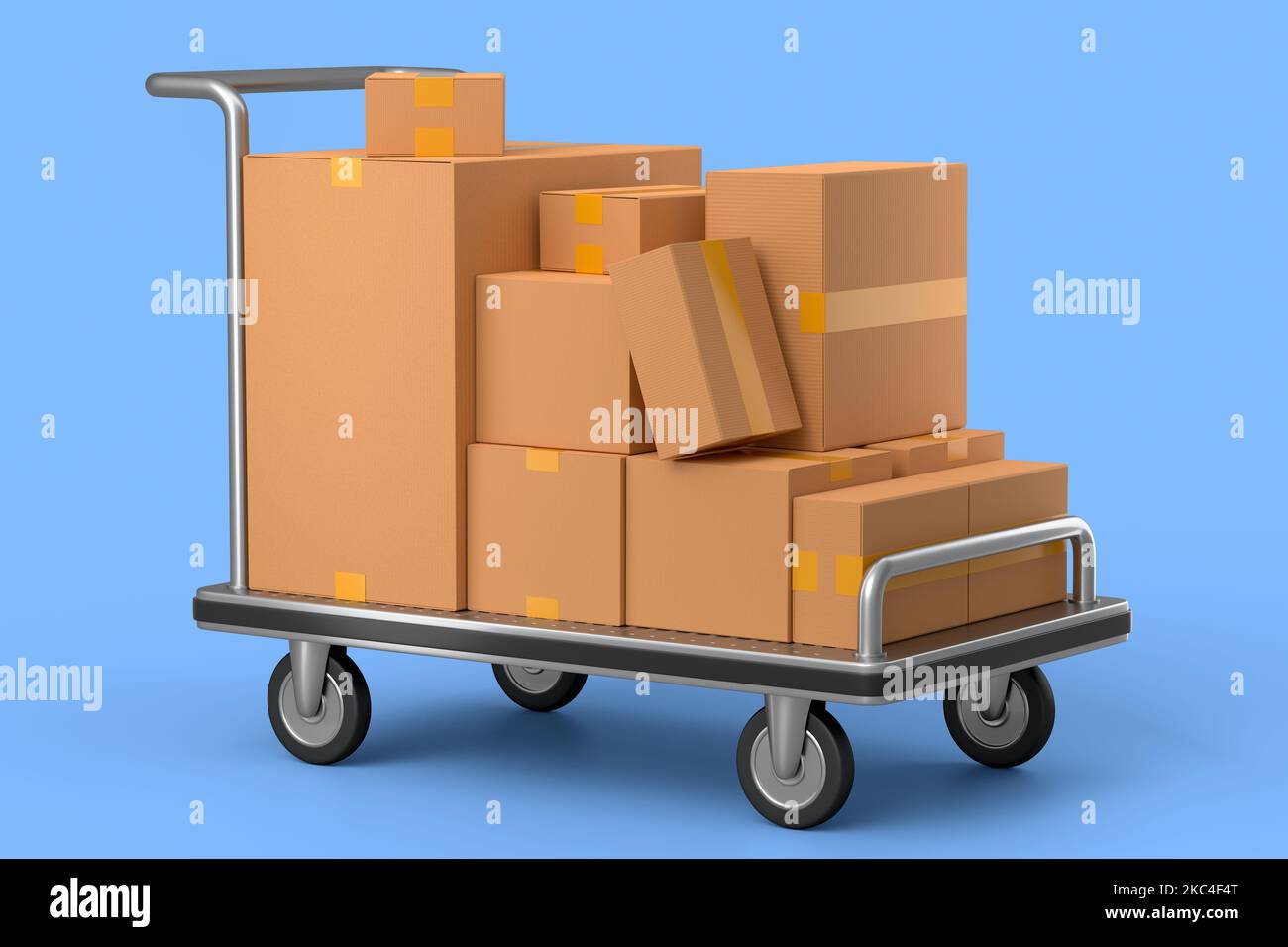 Airport luggage cart or baggage trolley side with stack of cardboard ...
