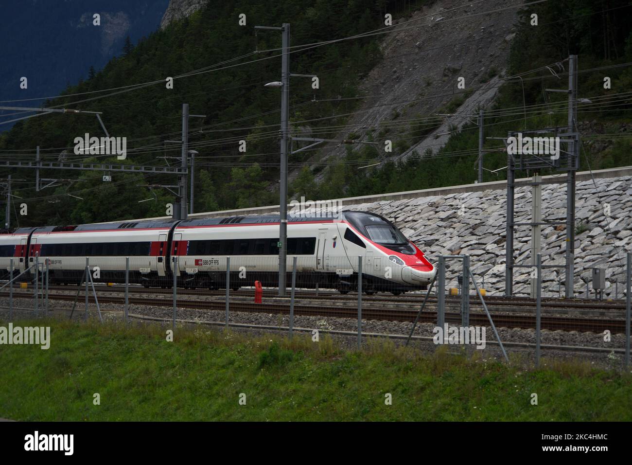 A panoramic view of an SBB RABe 523 train at the Gotthard base tunnel ...