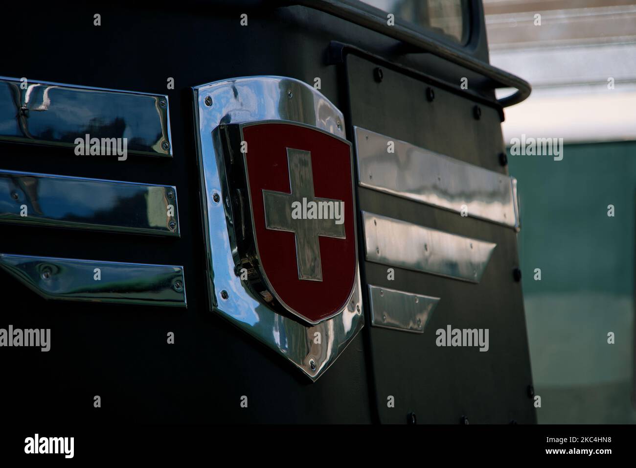 A closeup of the national swiss flag emblem on an SBB Ae 6 and 6 at ...