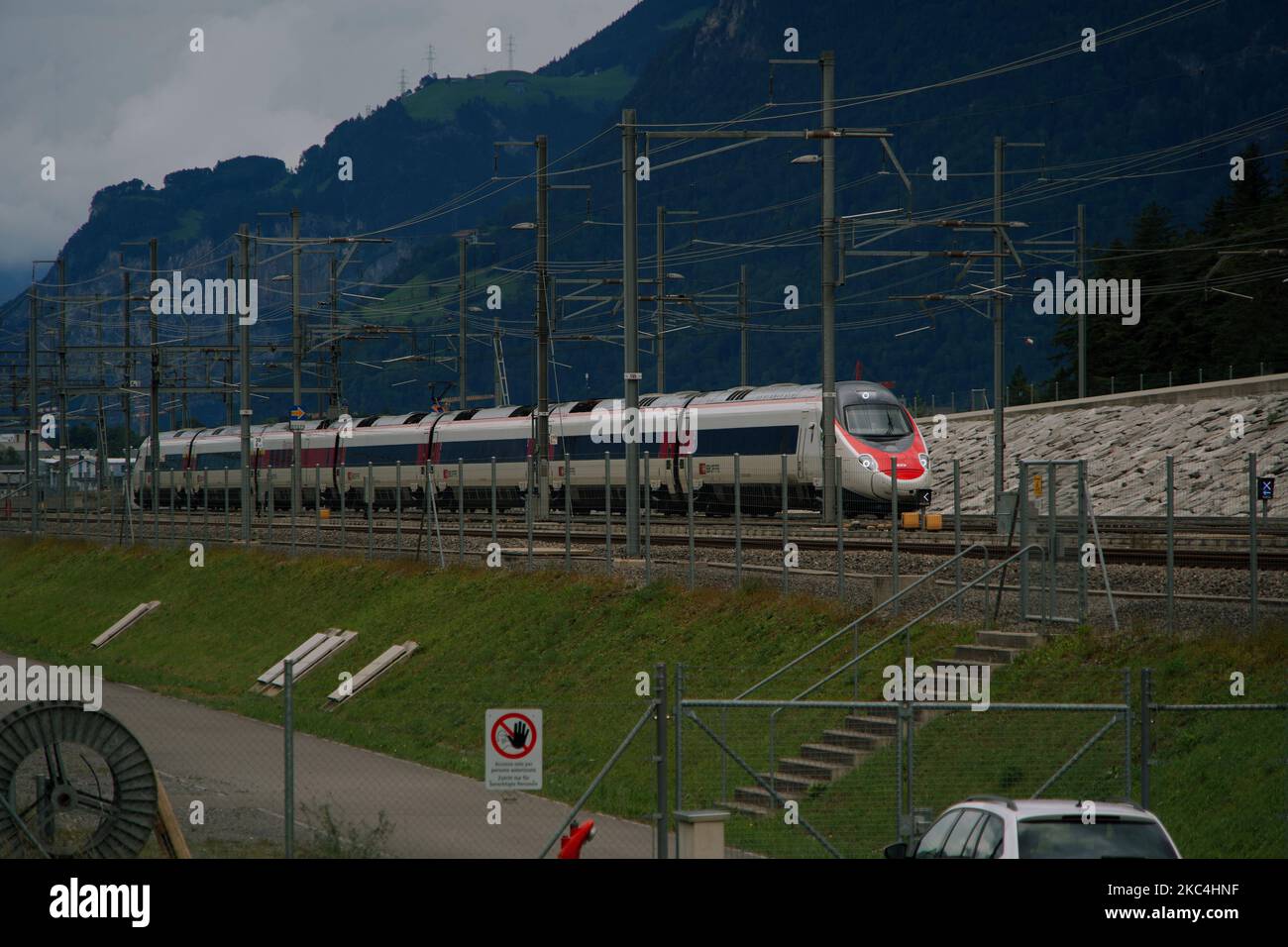 A panoramic view of an SBB RABe 523 train at the Gotthard base tunnel ...