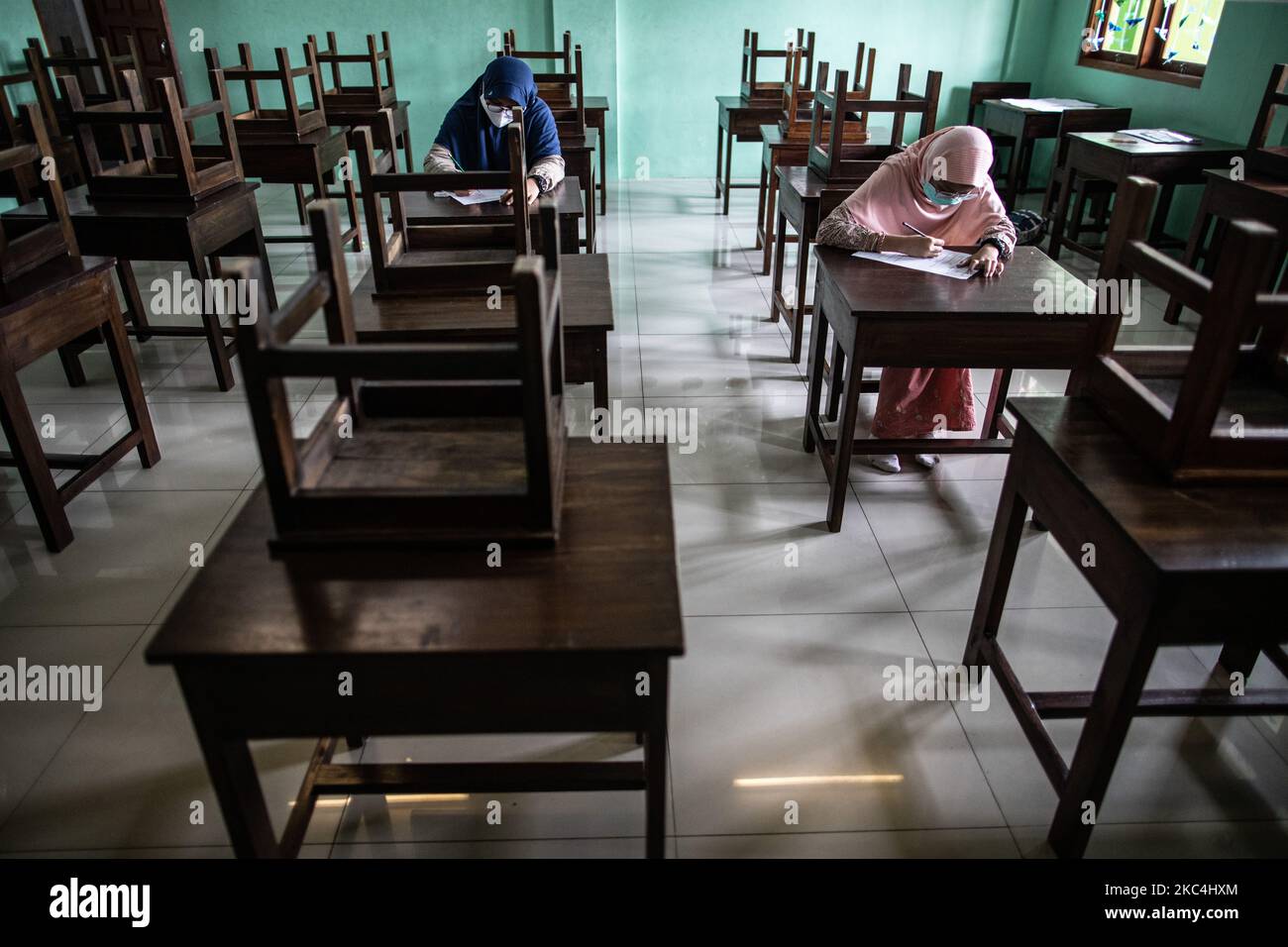 Students during examination test. An Islamic School in South Tangerang ...