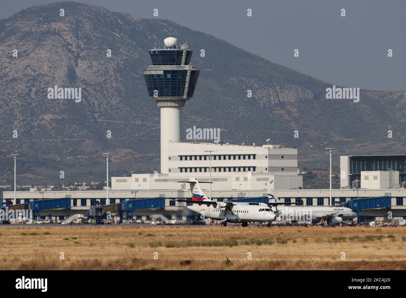 A Sky Express ATR 42 aircraft as seen take off in front of the Terminal ...